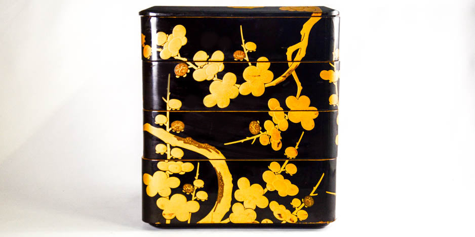 Antique Japanese lacquer obento - 4 tiered, blossom design – Kazari ...